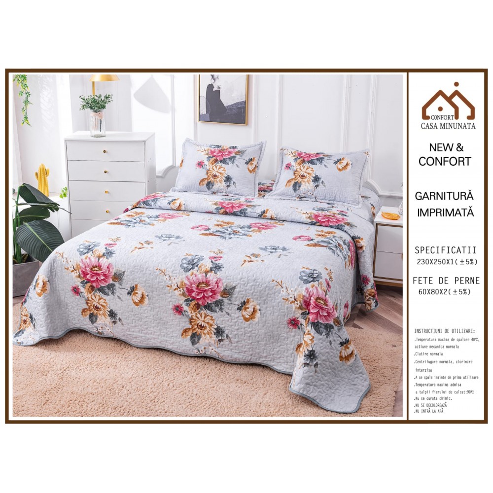 Cuvertura de Pat MATLASATA cu 2 Fete Diferite, 3 Piese, Cod PTK069 - Promotie Cuvertura de Pat ...