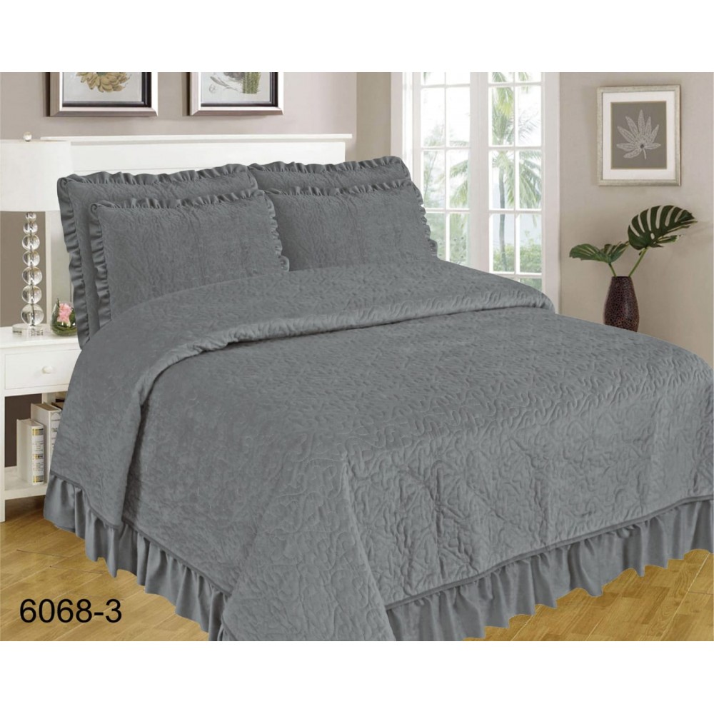 Cuvertura de pat din Catifea CU VOLAN + 2 fețe de perna GRI - Promotie Cuvertura de pat din ...