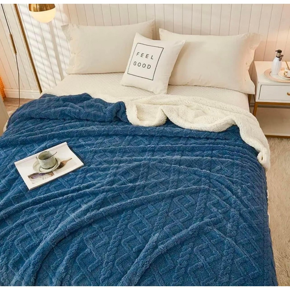 Patura CoCoLiNo tip Tricotaj cu blanita, 200x230cm, Jojo Home, Albastru ...