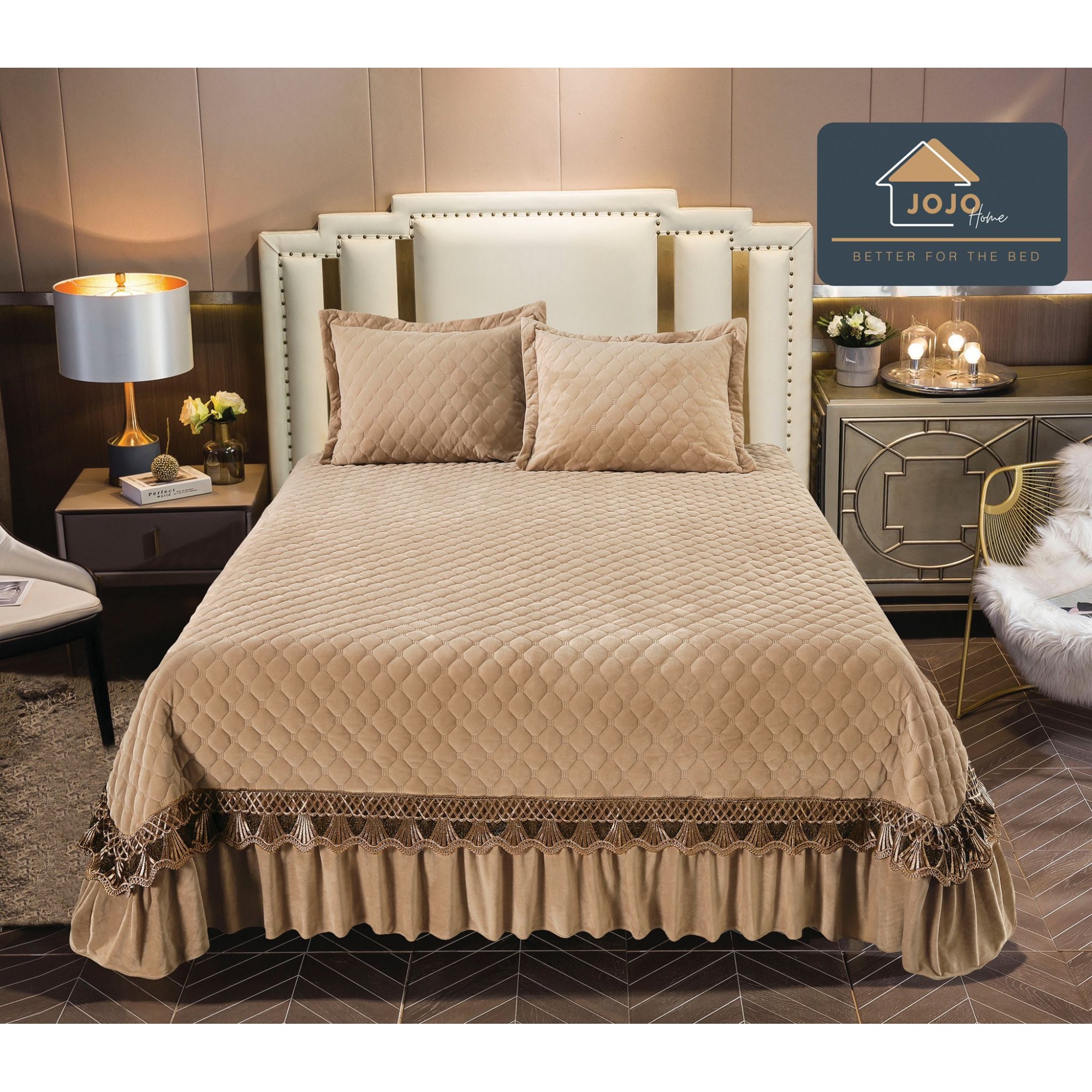 Cuvertura pat dublu, 3 piese, Catifea Matlasata cu Broderie Aurie, 230x250cm, Jojo Home, BEJ ...